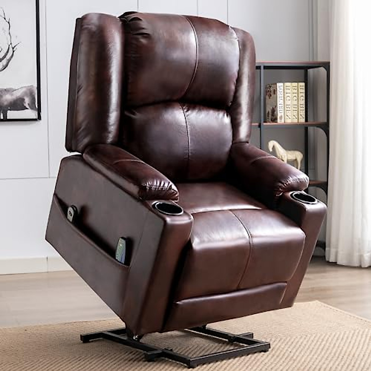 COMHOMA Power Lift Recliner Chairs for Elderly Big Heated Massage Recliner Sofa PU Leather with Infinite Position 2 Side Pockets and Cup Holders (Brown)