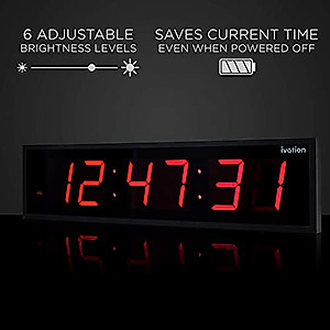 Ivation Huge 24" Inch Large Big Oversized Digital LED Clock with Stopwatch, Alarms, Countdown Timer & Temp - Shelf or Wall Mount (Red) | 6-Level Brightness, Mounting Holes & Hardware