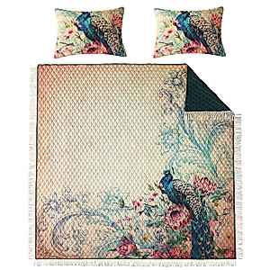 Barefoot Bungalow Eden Peacock Quilt Set, Full/Queen (3 Piece), Ecru