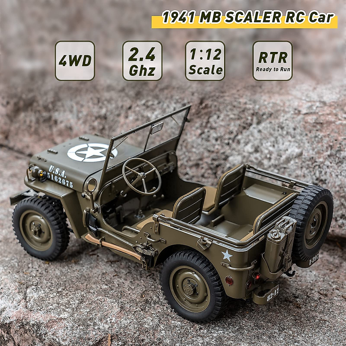 WOWRC RocHobby 1/12 1941 MB Scaler RC Jeep, 4x4 Hobby Grade RTR RC Car Mini RC Rock Crawler Military, 2.4Ghz RC Truck with 180 Brushed Motor, LED Lights, Battery and USB Charger for Adults