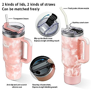 TEAMVV 40 oz Tumbler with Handle and Straw Stainless Steel Vacuum Insulated Tumbler Tea or Iced Coffee Mug for Hot or Cold Beverages 40 oz Tumbler with Handle(Peach Tie Dye)