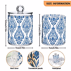 xigua 2 Pack Blue White Damask Pattern Apothecary Jars with Lid, Qtip Holder Storage Containers for Cotton Ball, Swabs, Pads, Clear Plastic Canisters for Bathroom Vanity Organization (10 Oz)