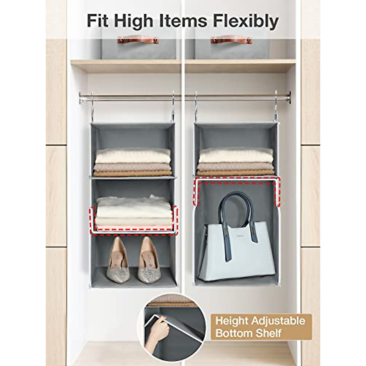 Yecaye Upgraded 7-Shelf Hanging Closet Organizers and Storage with 3 Drawers 4 Side Pockets, 2 Flexible 3-Shelf Closet Organizer System, Clothes Organizer Shelves for Bedroom Closet Rack