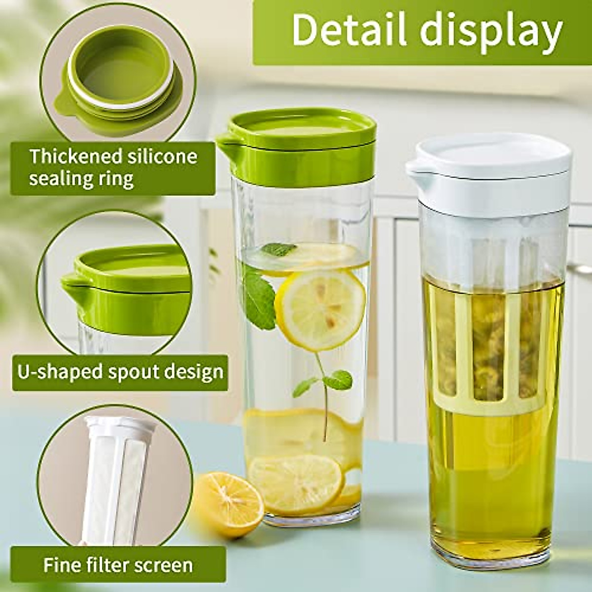 2Pcs Plastic Water Pitcher,Water Carafe BPA Free Iced Tea Pitchers,Airtight Fruit Infuser Water Pitcher for Fridge Door,Homemade Iced Coffee and Lemonade 1.1L/38Oz（white green）