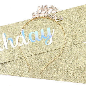 Ondder Gold Birthday Sash and Tiara for Women Birthday Party Decorations for Women Girls