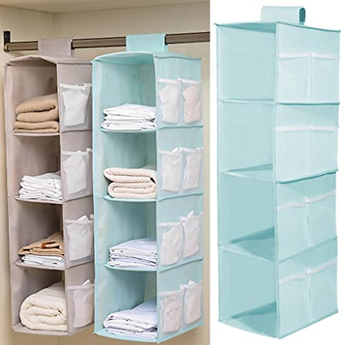 Leefasy Hanging Closet Organizer Wardrobe Storage Shelves for Sweaters Hat Clothes with Side Storage Bag Easily Attach to Closet Rods , Blue