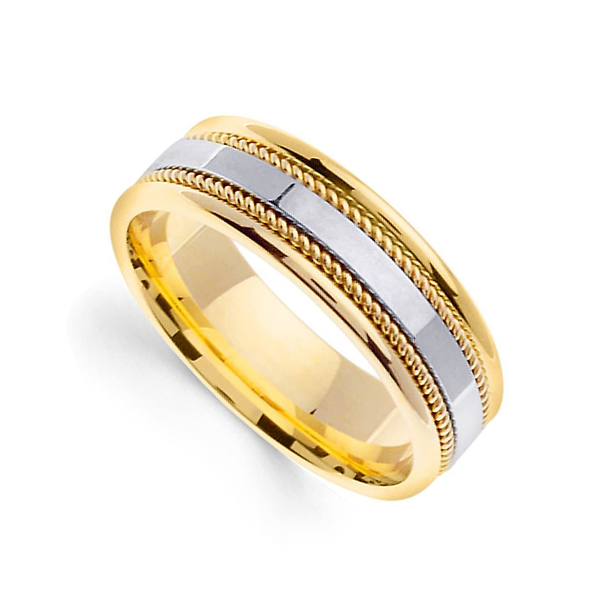 TGDJ Two Tone Gold Wedding Band - 7 mm Handmade Beautifully Crafted Wedding Ring for Couple - White Flat Gold Braided With Tight Yellow Gold ropes - Free Customized Engraving (14k Gold, 10.5)