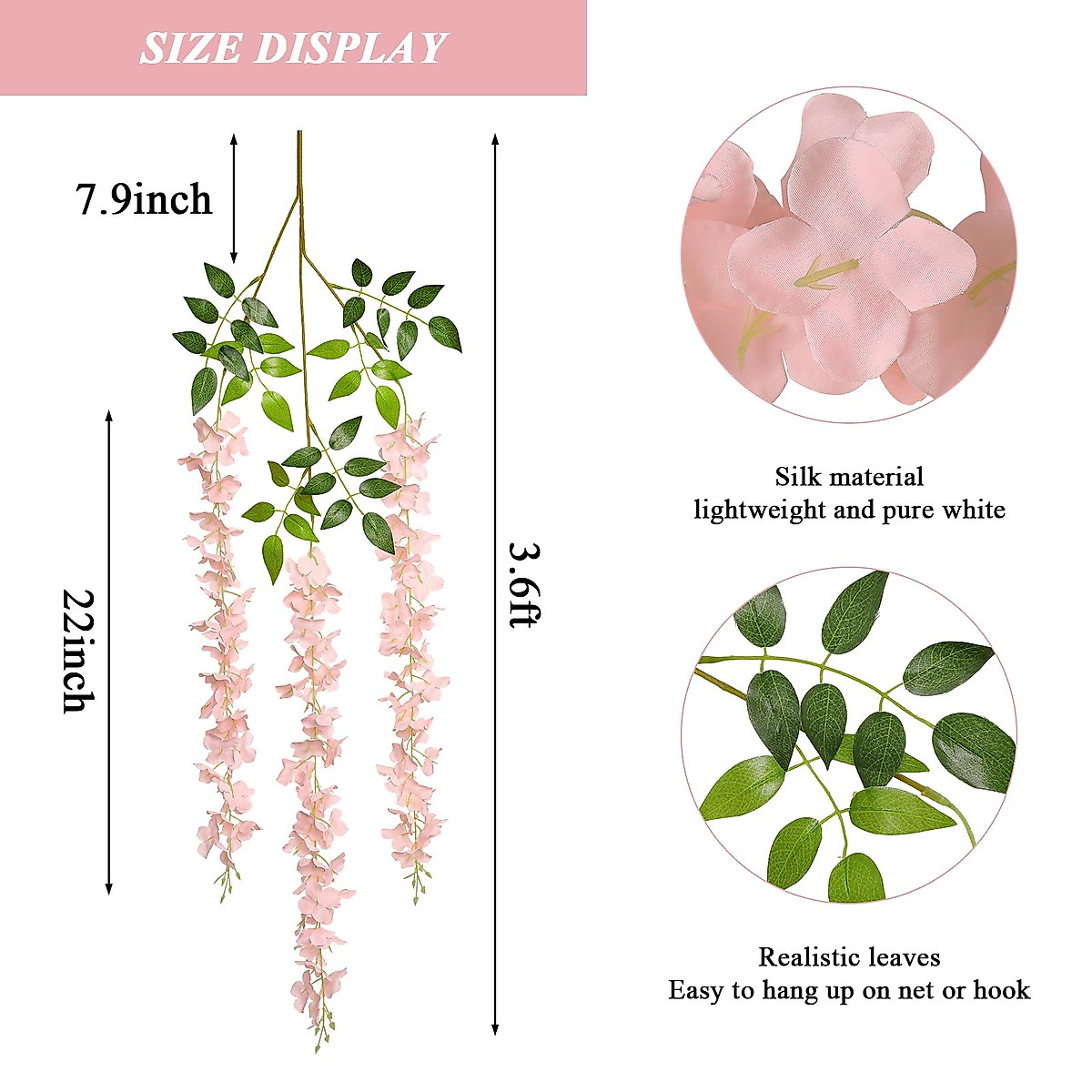 Pauwer Wisteria Hanging Flowers 24 Pack Fake Flower Garland Artificial Wisteria Vines Rattan Silk Flower String Wedding Party Wall Decorations,Blush Pink