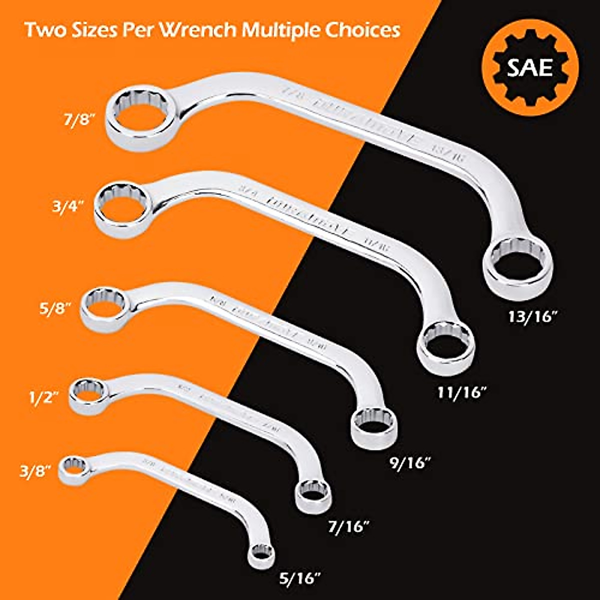 DURAMOVE SAE 5-Piece Half Moon Box Wrench Set,5/16 to 7/8 inch, C-Shaped Wrench Set with Double 12-Point Box Ends, CR-V,for auto repairing, machinery and household, EVA Tool Organizer