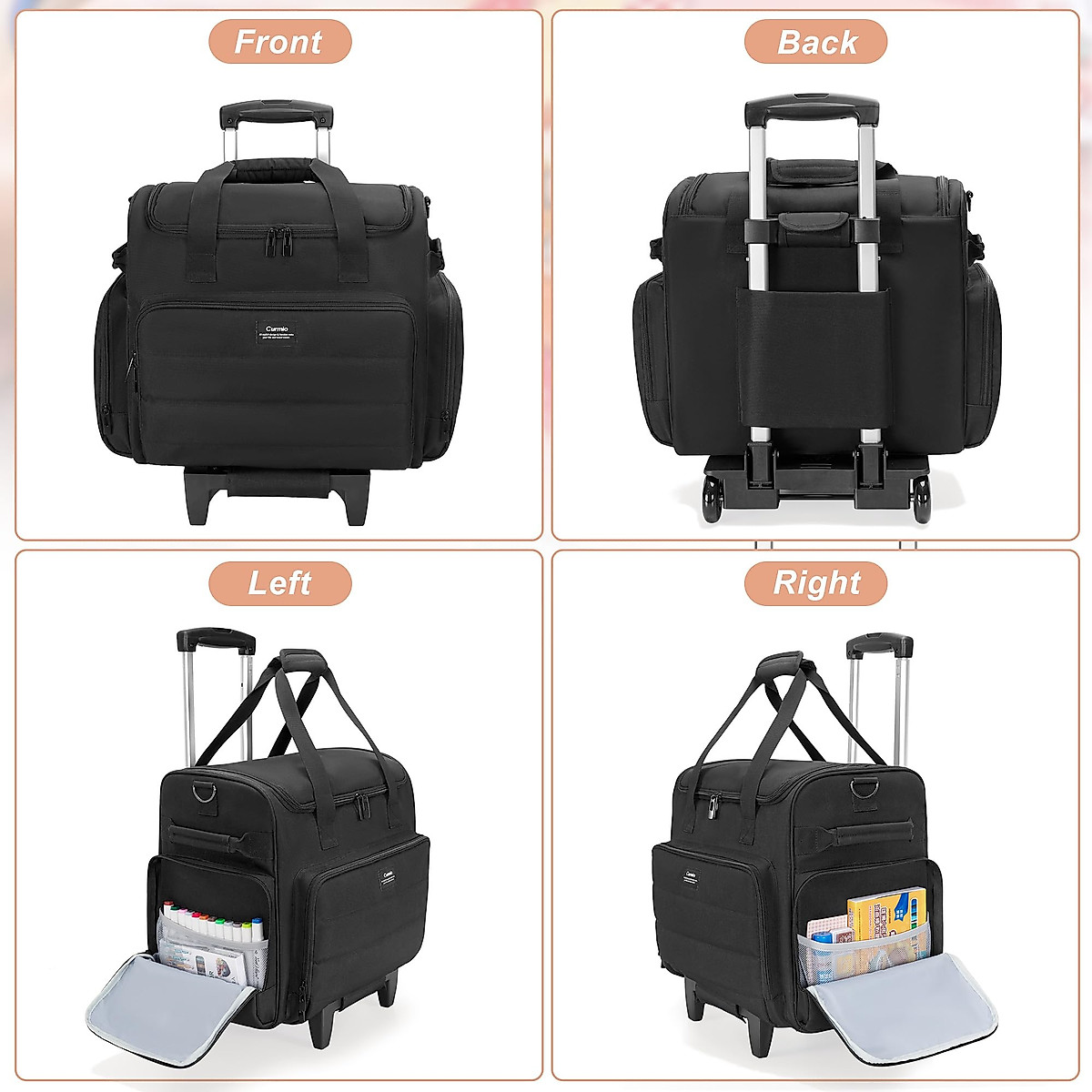 CURMIO Rolling Scrapbook Tote with Wheel, Craft Storage Bag with Expandable File Organizer for Scrapbook Supplies, Albums, Black (Bag Only)