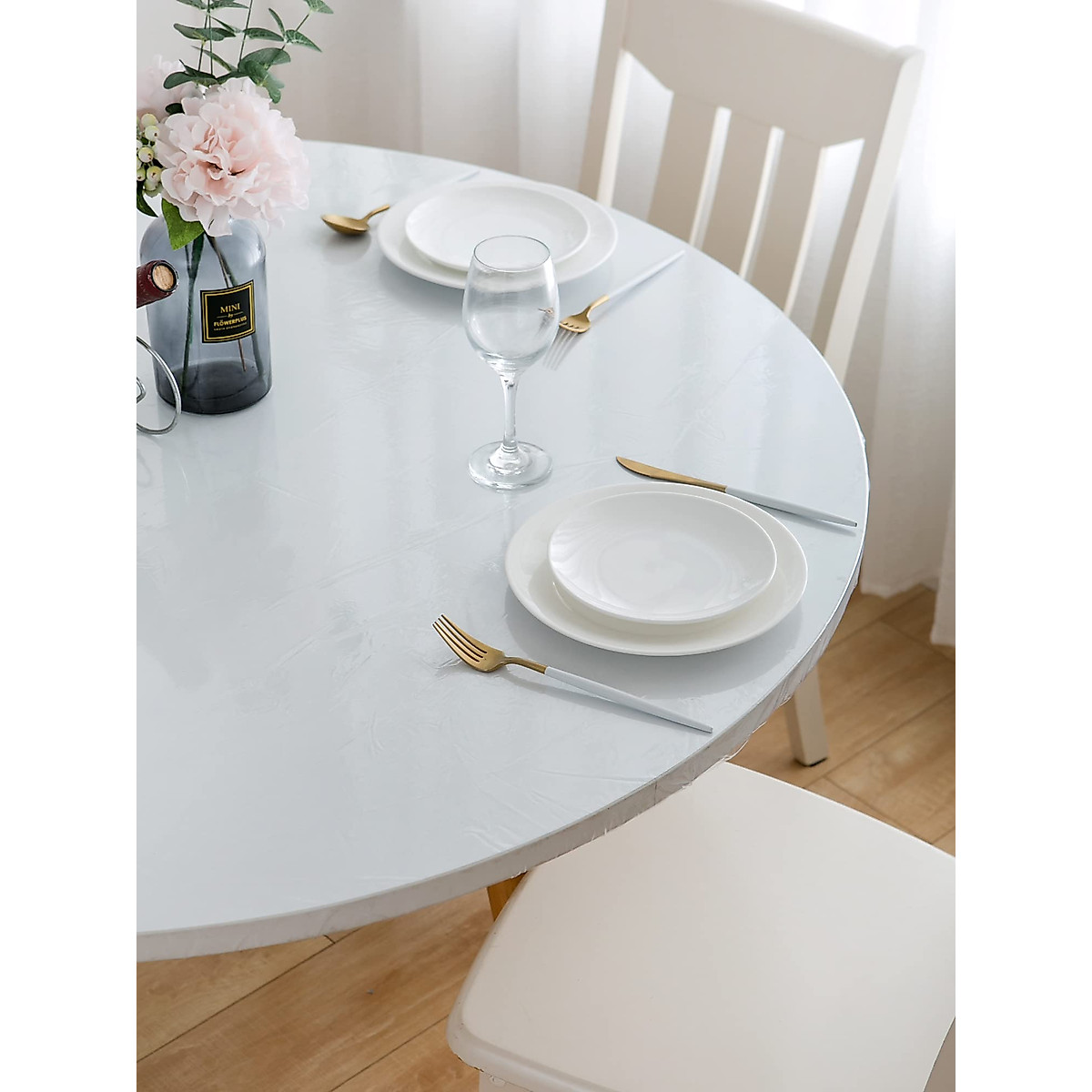 SSTYYXIA Flannel Backed Fitted Vinyl Tablecloth with Elastic Edge Waterproof Oil-Proof Stain Resistant PVC Round Table Cover for Kitchen (clear, 45~56 INCH round tight fit)