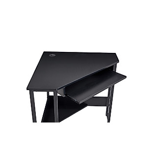 VanTook Computer Desk Corner Desk for Home Office, Triangle Writing Study Desk with Keyboard Tray & Storage Shelf, Compact Small Desk with Sturdy Steel Frame for Small Space Workstation, Black