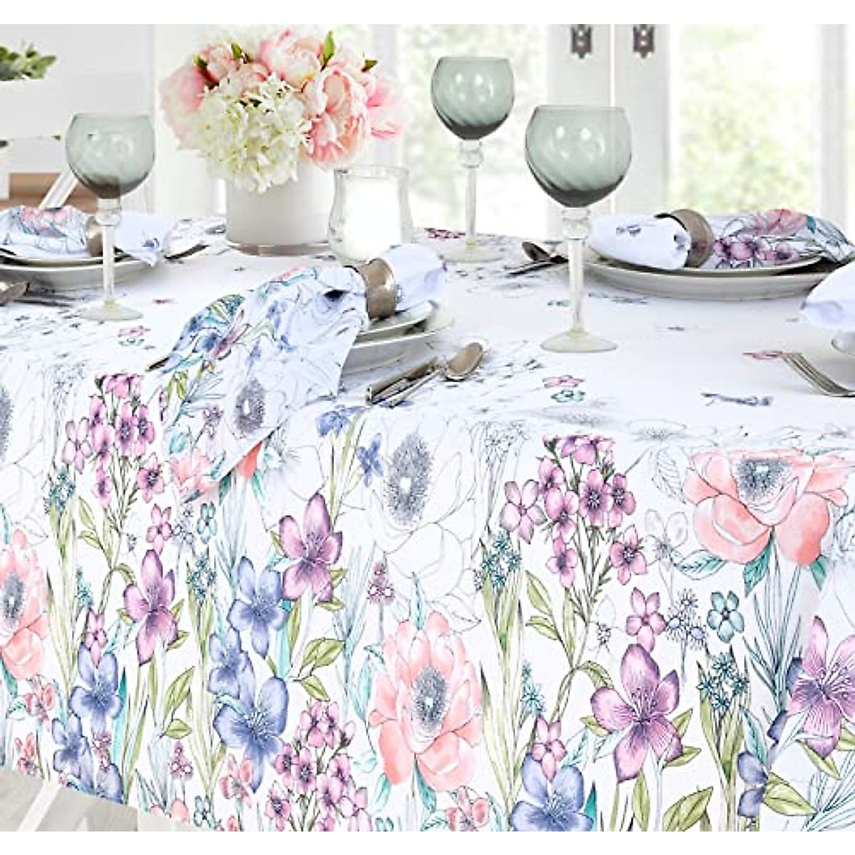 Newbridge Garden Breeze Easter Bordered Fabric Tablecloth - Sweet Pastel Spring Floral Easy Care Stain Resistant Fabric Tablecloth, 60” x 84” Oval