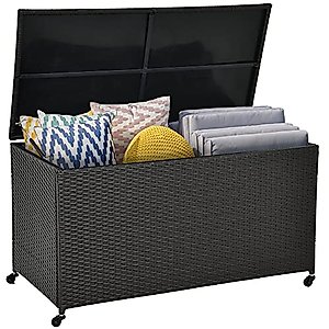 YITAHOME 120 Gallon Large Deck Box with Wheels, Woven Rattan Wicker Outdoor Storage Box, Waterproof Storage Container, Outdoor Cushions Storage-Pool Storage Bin - Brown