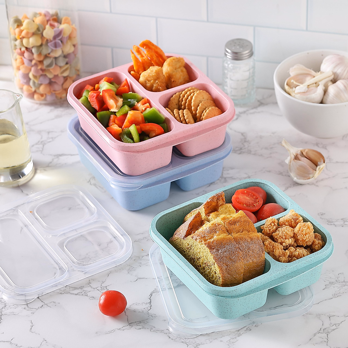 MONGSEW 3PCS Stackable Snack Box with 3 Compartments, Lunch Containers & Bento Box for Kids and Adults (3Pack, 3Colors)