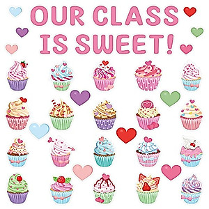 85Pcs Valentine's Day Cupcake Bulletin Cut Out Classroom Decoration Colorful Cupcakes Hearts Cutouts Cupcake Paper Cutouts Birthday Bulletin Board Decorations for Classroom, Valentine's Day Gifts