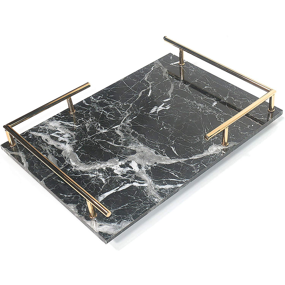 PuTwo Decorative, MDF Marble Print, Handmade Vanity, Perfume Jewelry Metal Handle, Trinket, Catchall Tray, for Dresser Bathroom Table, Black