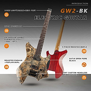 EART Headless Electric Guitar GW2 fixed Bridge for 6 String Travel Guitar For Travel and Performance Right, Stainless Steel Frets,Black