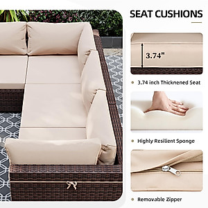UPHA 5 Pieces Patio Furniture Sets Outdoor Sectional Sofa Wicker Conversation Couch for Decks, Backyards, Gardens, Brown Rattan, Beige Cushion