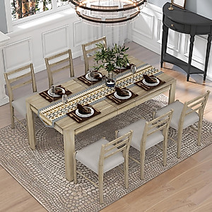 LUMISOL 7 Piece Kitchen Dining Set with Extendable Table with Storage Drawers and Upholstered Chairs Farmhouse Rustic Dining Room Table Set