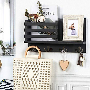 Nekon Mail Holder for Wall – Rustic Mail Organizer with Key Hooks for Hallway Kitchen Farmhouse Decor – Letter Sorter Made of Paulownia Wood with Floating Shelf, (16.5” x 9.1” x 3.4”)