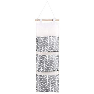 Oumefar 3 Pockets Hanging Pouch Cotton Linen Wall Hanging Storage Bags Door Pouch Bedroom Home Office Organizer 20x67cm(Gray)