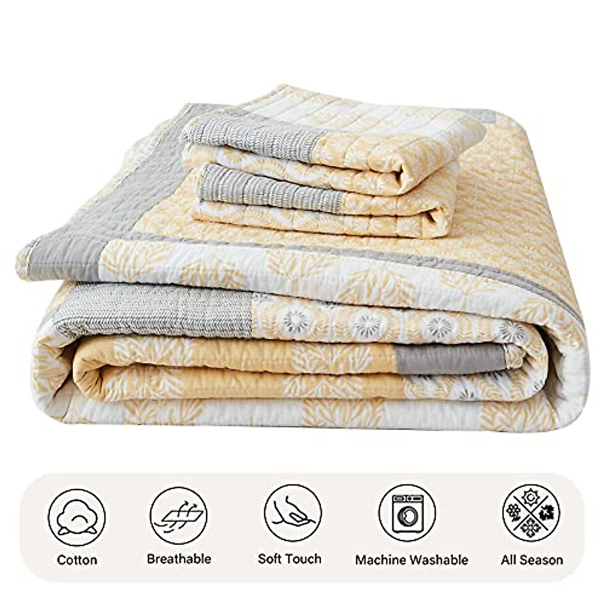 Finlonte Quilt King Size, 100% Cotton Lightweight King Quilt, Real-Patchwork Farmhouse Floral Bedspreads for King Bed, Yellow Grey White Reversible King Size Quilt All Season, Bedding Set 3 Pieces