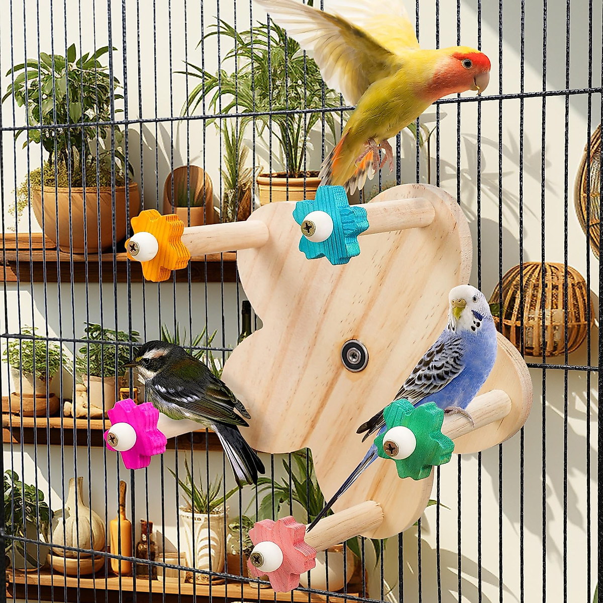 FrgKbTm Wooden Parrots Ferris Wheel Toy with Perches, Bird Toy Rotating Perch Toy, Hanging Bird Stand Cage Accessories for Parakeet Parrot, Cockatiel, Budgerigar,Conure, Lovebirds