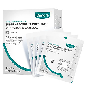 Dimora Upgrade Super Absorbent Dressing with Activated Charcoal for Wound Care, Odor Absorbing Pads 4"x 4" 10 Packs