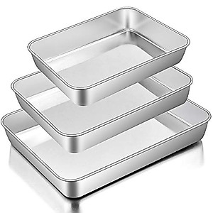 Baking Pans Set of 3, E-far Stainless Steel Sheet Cake Pan for Oven - 12.5/10.5/9.4Inch, Rectangle Bakeware Set for Cake Lasagna Brownie Casserole Cookie, Non-toxic & Healthy, Dishwasher Safe