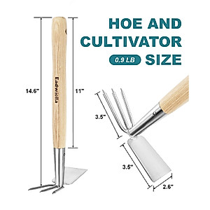 Hoe and Cultivator Garden Rake Hand Tiller Tool Wood Handle Double Sided Cultivator Versatile Tool for Digging,Loosening Soil,Weeding,Breaking Up Soil,Cultivating,Preparing Seedbeds Combination Garden