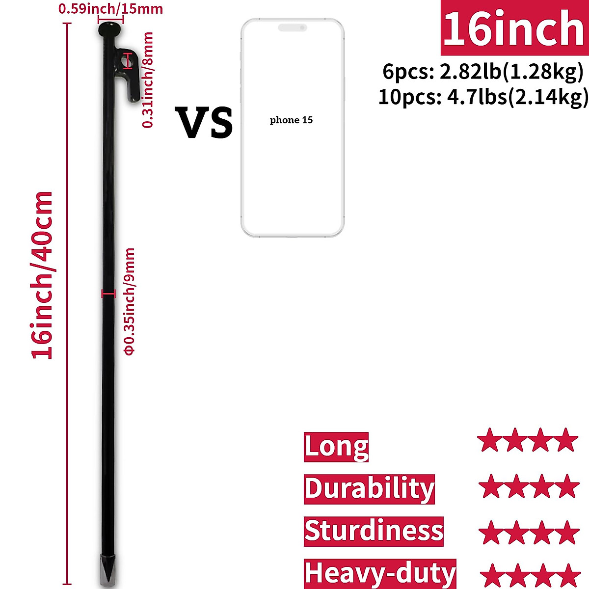 16inch 10 Packs Tent Stakes Heavy Duty Steel Large Tent Pegs for Camping Unbreakable Inflexible Extra Long Windproof