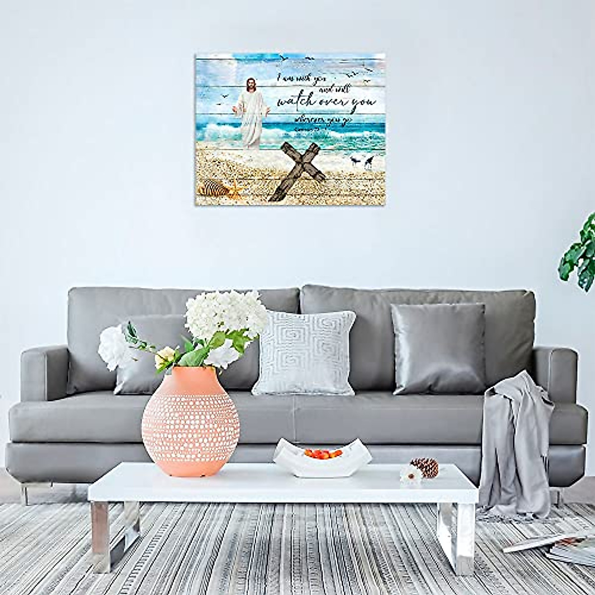 Christian Inspirational Decor Wall Art Jesus and Cross on Beach Picture Motivational Scripture Bible Verse Canvas Prints Teal and Blue Framed Artwork for Living Room Bedroom Bathroom Large 16"x12"