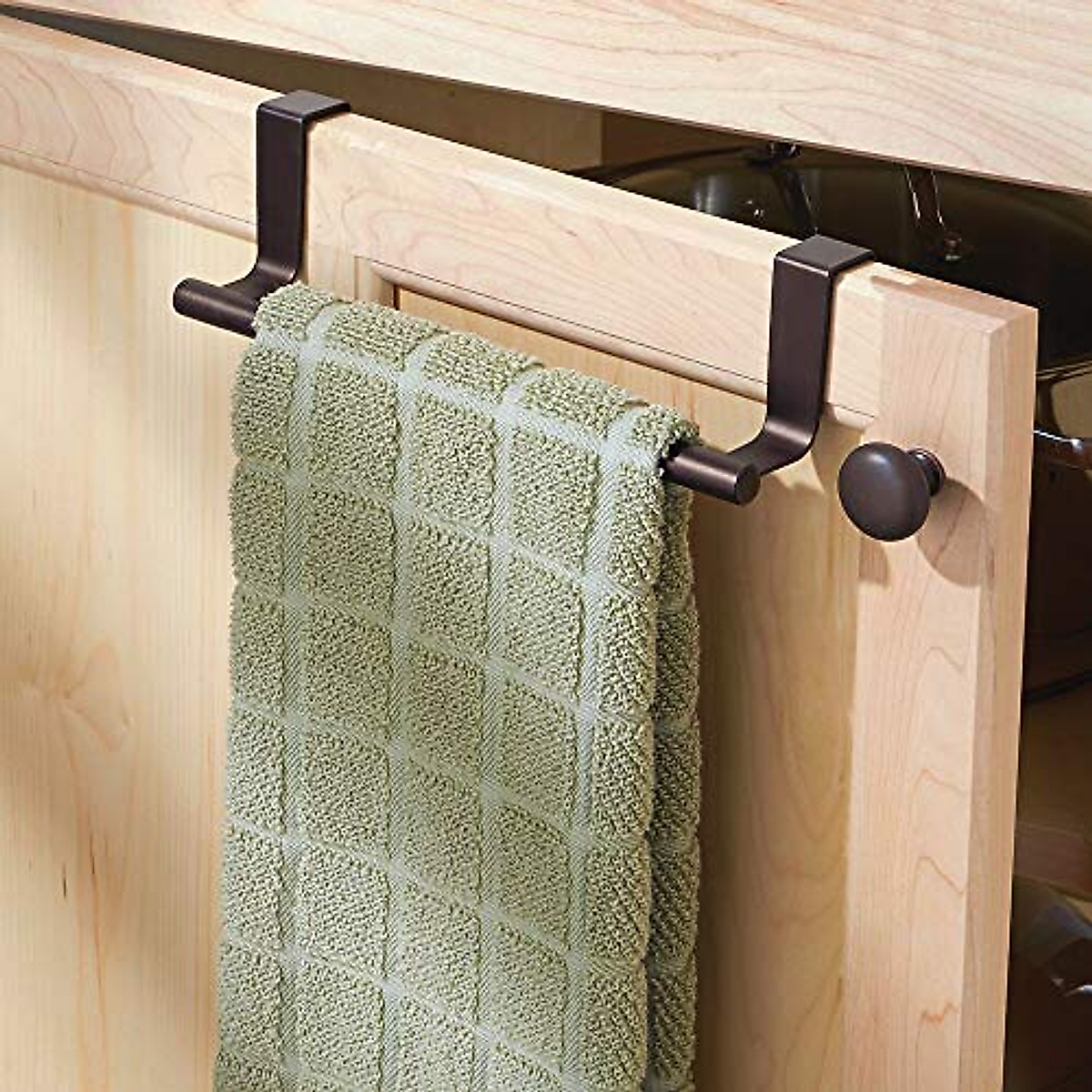 mDesign Metal Over Kitchen Cabinet Door Towel Bar Holder for Hand, Dish, and Tea Towel Rack - Over the Door Towel Bar - Hang on Inside or Outside of Doors - Kitchen Organizer - Omni Collection, Bronze