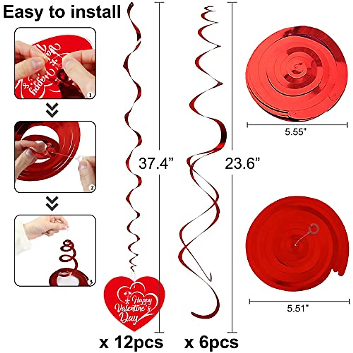 Valentines Day Decoration Hanging Swirls-Pack of 30, Red Heart Romantic Valentines Day Decor | Valentines Day Hanging Decorations for The Home Wedding Anniversary Decorations for Party(Valentines Day)