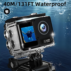 5K 24MP Action Camera, Ultra HD 131FT Underwater Cameras with Dual Touch Screen, Waterproof Video Camera Wireless Microphone and Remote Control Sports Cameras with 64G SD Card & Accessories Kit
