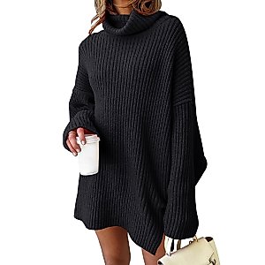 LILLUSORY Womens Turtleneck Oversized Long Sweater Dress 2025 Plus Size Tunic Pullover Knit Fall Dresses Black S