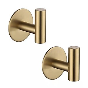 Zuvky Self Adhesive Hooks 304 Stainless Steel Heavy Duty Hangers Without Nails for Bathrooms Kitchen Livingroom Garage Hotel Waterproof Towel Hook-2 Pack (Gold)