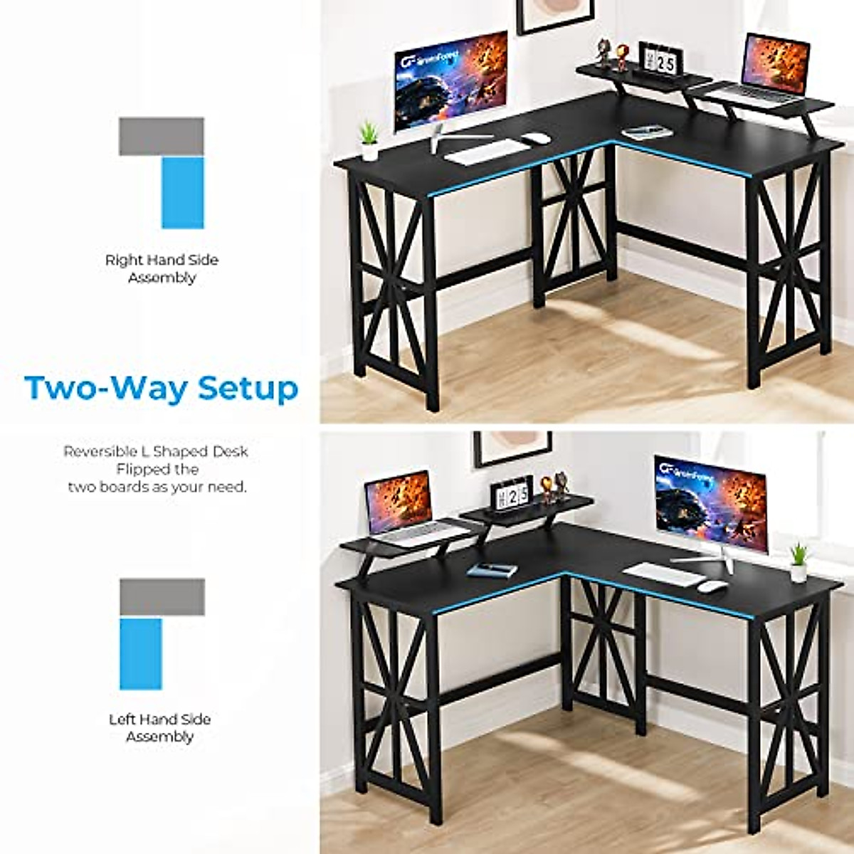 GreenForest L Shaped Desk with 2 Monitor Stand 50.4 inch Reversible Corner Computer Desk Home Office Gaming Workstation Easy Assembly,Black