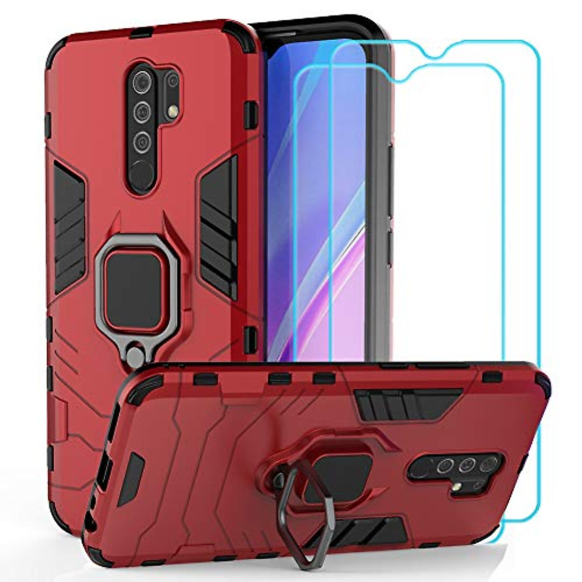 Ytaland for Xiaomi Redmi 9 Case,with 2 x Tempered Glass Screen Protector. (3 in 1) Shockproof Bumper Defender Protective Phone Cover with Ring Kickstand (Wine Red)