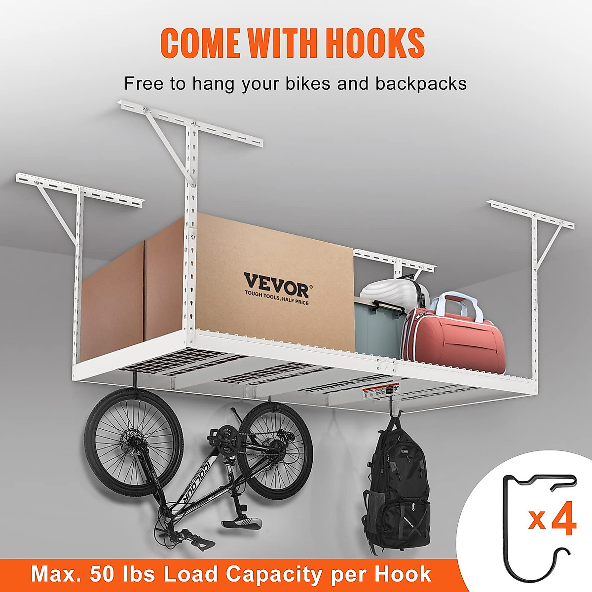 VEVOR Overhead Garage Storage Rack, 4x8 Garage Ceiling Storage Racks, Heavy Duty Adjustable Cold Rolled Steel Racks for Garage Storage, Organization, 600 lbs Load Capacity, 22''-40"