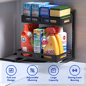 WASUMI Under Sink Organizers, Metal Sliding Cabinet Basket and Storage Organizer 2 Tier Pull Out Cabinet Organizer for Kitchen Bathroom, Large Capacity, Black