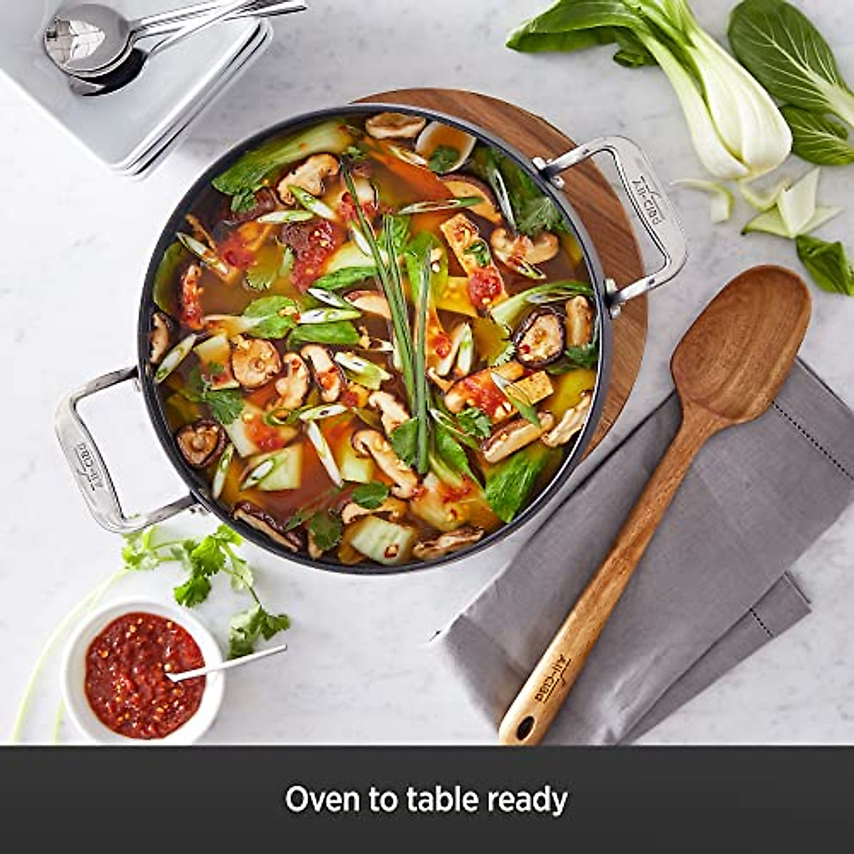 All-Clad HA1 Hard Anodized Nonstick 4 Piece Dutch Oven Set, Acacia Trivet and Spoon 6 Quart Induction Pots and Pans, Cookware Black