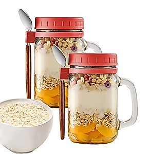 Yogurt Containers, 2 Pieces Oats Jars,480ml Glass Oatmeal Jars, Long Lasting Overnight Oats Jars, Anti Scald Design Yougurt Cups with Lids and Spoons, Breakfast Cups for Smoothies Drinks Juices