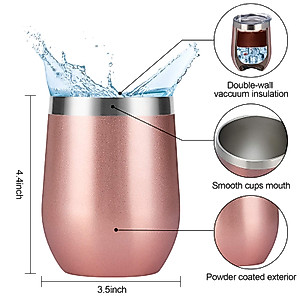 Stainless Steel Wine Tumbler 12Oz, Double Wall Vacuum Insulated Wine Tumbler with Lid and Straw, Stainless Steel Stemless Wine Glass for Wine, Coffee, Cocktails, Champaign, Ice Cream, Rose Gold…