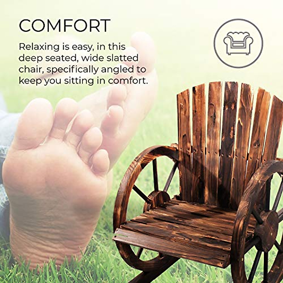 Wooden Wagon Wheel Chair Rustic Armrest Chair Outdoor Patio Furniture Wood Adirondack Chair, Slatted Seat for Garden Country Yard, Burnt-Finished - Backyard Expressions