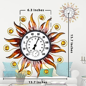 HOBYLUBY 13" Indoor Outdoor Thermometer, Sun Wall-Mounted Thermometer with Humidity, Easy to Read Decorative Outside Thermometer for Patio, Garden, No Require Batteries