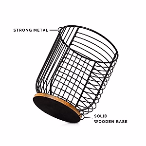 MosJos Extra Large Black Utensil Holder with Wooden Base - Farmhouse Utensil Storage - Wire Crock Kitchen Countertop Organizer - 7.2 x 6.2 Cooking Utensil Holder