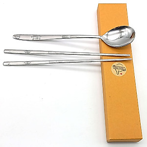 SUPIA Korean Traditional Cutlery Stainless Steel Spoons and Chopsticks Set Tableware with Long-hand, Reusable (Silver Turtle)