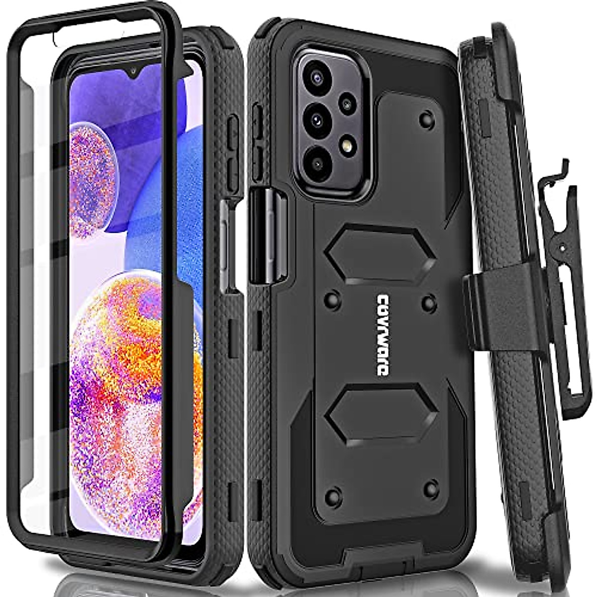 Covrware for Samsung Galaxy A23 5G / A23 (4G) Aegis Series case, Full-Body Rugged Dual-Layer Shockproof Protective Swivel Belt-Clip Holster Cover with Built-in Screen Protector, Kickstand, Black